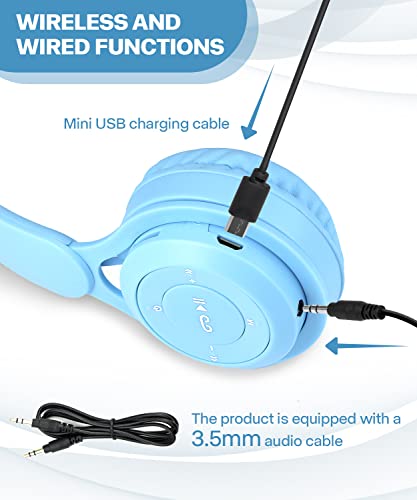 Kids Bluetooth Headphones, Wireless Headphones for Kids with Built-in Microphone, Over Ear Foldable Stereo-Bass Aux 3.5mm Cord, Wireless Bluetooth Headsets for Children Boys Girls School (Blue)