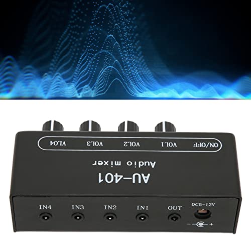 Audio Mixer, DC 5V to 12V, 4 Channel Stereo DJ Mixer with 3.5mm Sound Cable, Independent Volume Control, Mini Sound Mixer for Headphone Amplifier PC