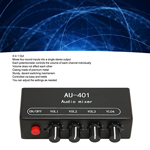 Audio Mixer, DC 5V to 12V, 4 Channel Stereo DJ Mixer with 3.5mm Sound Cable, Independent Volume Control, Mini Sound Mixer for Headphone Amplifier PC