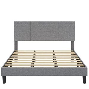 Sunrise Coast Bed Frame King Size Upholstered Platform Beds with Headboard Linen Fabric Wood Slat Support + Iron Frame, Mattress Foundation, No Box Spring Needed, Light Grey