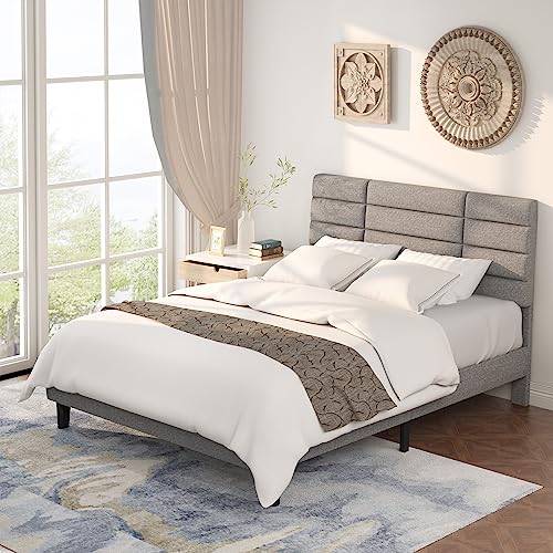 Sunrise Coast Bed Frame King Size Upholstered Platform Beds with Headboard Linen Fabric Wood Slat Support + Iron Frame, Mattress Foundation, No Box Spring Needed, Light Grey