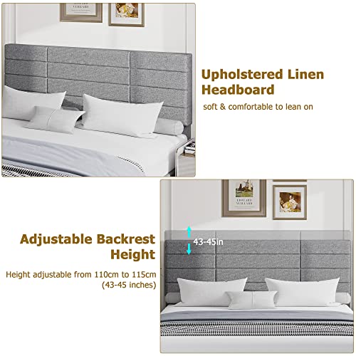 Sunrise Coast Bed Frame King Size Upholstered Platform Beds with Headboard Linen Fabric Wood Slat Support + Iron Frame, Mattress Foundation, No Box Spring Needed, Light Grey