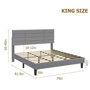 Sunrise Coast Bed Frame King Size Upholstered Platform Beds with Headboard Linen Fabric Wood Slat Support + Iron Frame, Mattress Foundation, No Box Spring Needed, Light Grey