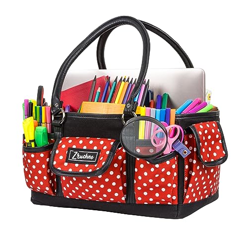 Zruchno Craft Bag Organizer Tote, Multi-Functional Carrying Bag with Handles and Pockets, for Sewing,Scrapbooking, Art, Craft,School or Office,Polka dot print