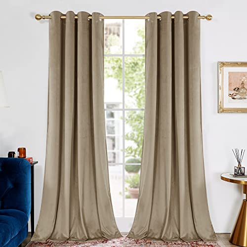 Deconovo 100% Blackout Velvet Curtains 84 Inches Long, Khaki Curtain Drapes for Luxury Bedroom, Room Darkening Thermal Insulated Grommet Curtains for Living Room (Set of 2, 52W x 84L inch)