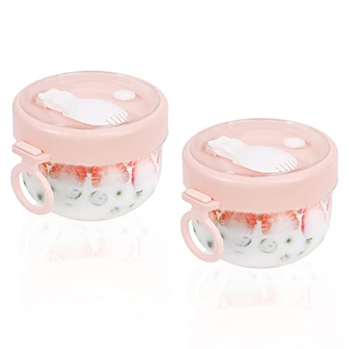 Gelecek Overnight Oats Container with Lids and Spoon, 2 Pcs Portable Plastic Overnight Oats Jars Yogurt Jars，20 oz Large Capacity Leak-Proof Dessert Cups Salad Storage Container, Pink