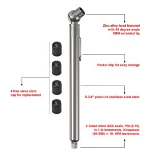 2 Pack - Pencil Tire High Pressure Gauge (10PSI-75PSI) Heavy Duty Stainless Steel Body and All Metal Made Nozzle with 4 Replacement Tire Caps