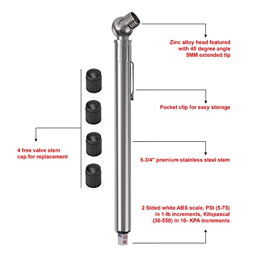 2 Pack - Pencil Tire High Pressure Gauge (10PSI-75PSI) Heavy Duty Stainless Steel Body and All Metal Made Nozzle with 4 Replacement Tire Caps