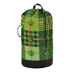 oyihfvs patchwork st. patrick's day shamrock four leaf in green backpack laundry bag, laundry backpack with shoulder straps, waterproof nylon clothes hamper bag for men women yoga backpack