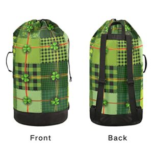 Oyihfvs Patchwork St. Patrick's Day Shamrock Four Leaf in Green Backpack Laundry Bag, Laundry Backpack with Shoulder Straps, Waterproof Nylon Clothes Hamper Bag for Men Women Yoga Backpack