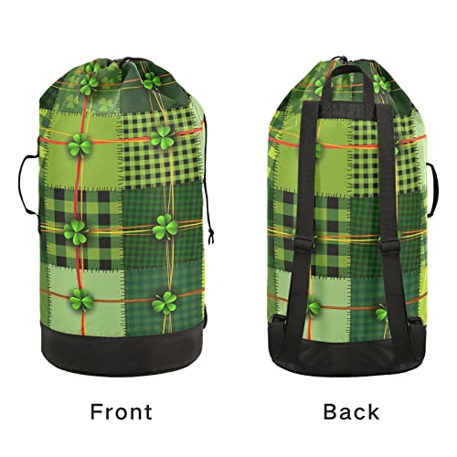 Oyihfvs Patchwork St. Patrick's Day Shamrock Four Leaf in Green Backpack Laundry Bag, Laundry Backpack with Shoulder Straps, Waterproof Nylon Clothes Hamper Bag for Men Women Yoga Backpack