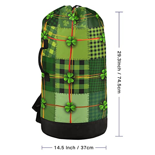 Oyihfvs Patchwork St. Patrick's Day Shamrock Four Leaf in Green Backpack Laundry Bag, Laundry Backpack with Shoulder Straps, Waterproof Nylon Clothes Hamper Bag for Men Women Yoga Backpack