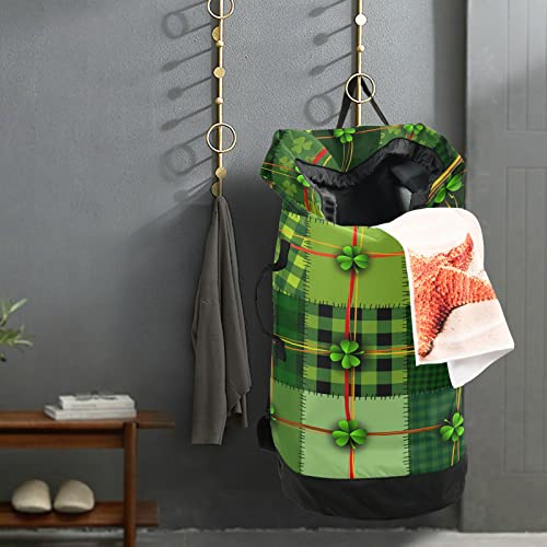 Oyihfvs Patchwork St. Patrick's Day Shamrock Four Leaf in Green Backpack Laundry Bag, Laundry Backpack with Shoulder Straps, Waterproof Nylon Clothes Hamper Bag for Men Women Yoga Backpack