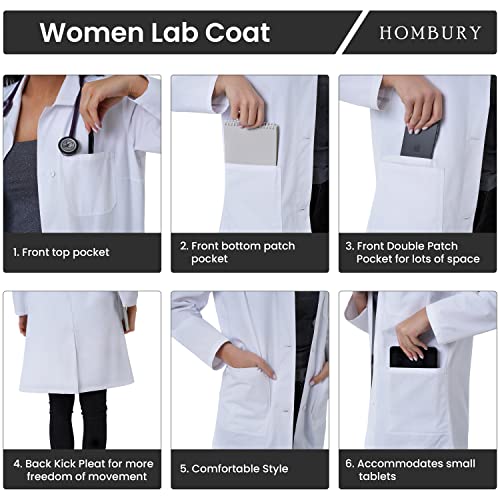 Hombury Professional White Lab Coats for Women, long sleeve, Polyester cotton fabric (White, Large)