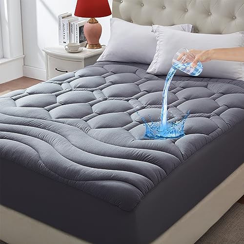 ELVEN HOME California King Waterproof Mattress Pad, Super Soft Mattress Cover Breathable Quilted, Cooling Fluffy Mattress Topper Noiseless Protector Fitted Deep Pocket 8-21" (Grey,Cal King)