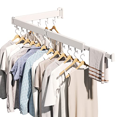 ADUUNKA Clothes Drying Rack Wall Mounted, Wall Mount Laundry Drying Rack, Drying Rack Clothing, Laundry Rack Retractable, Foldable Clothes Hanger Rack, Laundry Hanging Rack, White Color（J-Hooks