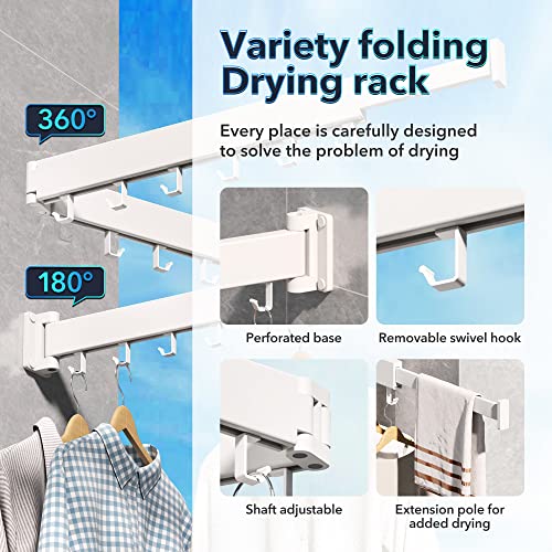 ADUUNKA Clothes Drying Rack Wall Mounted, Wall Mount Laundry Drying Rack, Drying Rack Clothing, Laundry Rack Retractable, Foldable Clothes Hanger Rack, Laundry Hanging Rack, White Color（J-Hooks