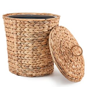 kolwoven wicker trash can with lid in bedroom, bathroom - 3 gallon small trash can in office - boho woven wicker waste basket - office garbage cans for under desk with plastic insert