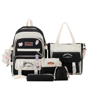 dahuoji kawaii backpack set 5pcs aesthetic backpack for school teens girls daypack large with pendants and pins,pen case,tote bag,small bag(black)