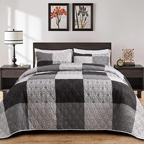 BALAPET Oversized King 128x120 Bedspread for California King Bed, Patchwork Plaid Grey Black Coverlet Set with 2 Matching Shams, Soft Lightweight Quilted Bedding Set for All Season