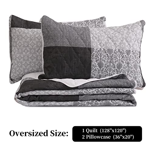 BALAPET Oversized King 128x120 Bedspread for California King Bed, Patchwork Plaid Grey Black Coverlet Set with 2 Matching Shams, Soft Lightweight Quilted Bedding Set for All Season