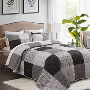 BALAPET Oversized King 128x120 Bedspread for California King Bed, Patchwork Plaid Grey Black Coverlet Set with 2 Matching Shams, Soft Lightweight Quilted Bedding Set for All Season