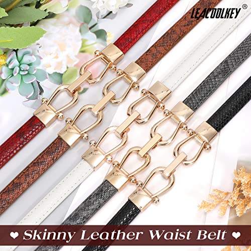 LEACOOLKEY Women Skinny Waist Belt with Gold Buckle Adjustable Leather Thin Waist Belt for Dress