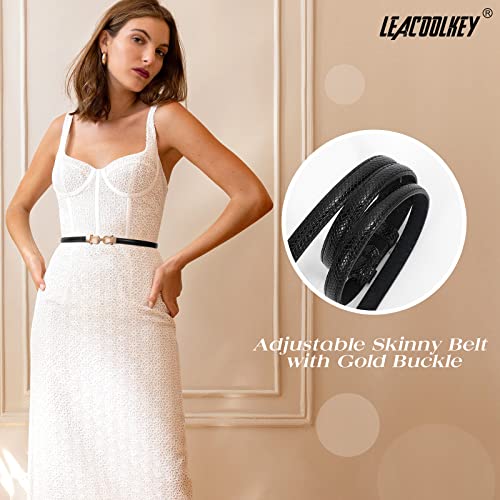 LEACOOLKEY Women Skinny Waist Belt with Gold Buckle Adjustable Leather Thin Waist Belt for Dress