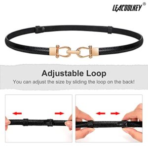 LEACOOLKEY Women Skinny Waist Belt with Gold Buckle Adjustable Leather Thin Waist Belt for Dress