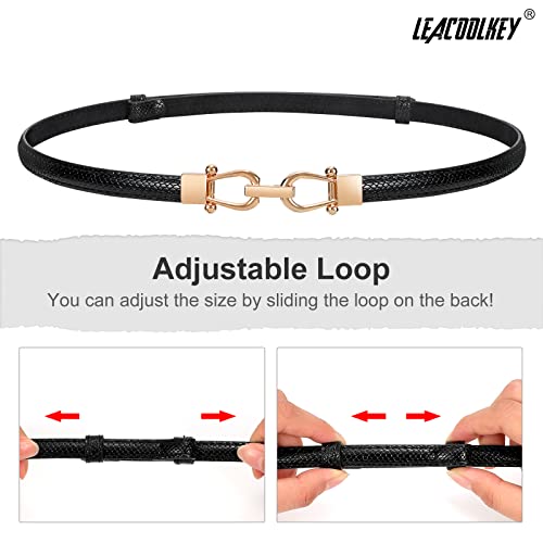 LEACOOLKEY Women Skinny Waist Belt with Gold Buckle Adjustable Leather Thin Waist Belt for Dress