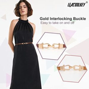 LEACOOLKEY Women Skinny Waist Belt with Gold Buckle Adjustable Leather Thin Waist Belt for Dress