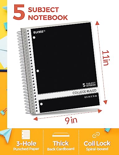 SUNEE Color Will Vary 5 Subject Notebook College Ruled - 200 Sheets, 8.5"x11", 4 Pocket Dividers, 3-Hole Punched Paper