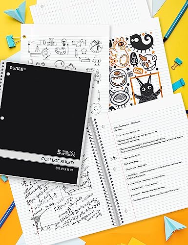 SUNEE Color Will Vary 5 Subject Notebook College Ruled - 200 Sheets, 8.5"x11", 4 Pocket Dividers, 3-Hole Punched Paper