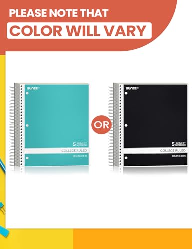 SUNEE Color Will Vary 5 Subject Notebook College Ruled - 200 Sheets, 8.5"x11", 4 Pocket Dividers, 3-Hole Punched Paper