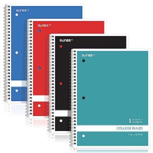 sunee spiral notebooks college ruled, 1-subject, 4 pack, 8 x 10-1/2 inch, 70 sheets per notebook,3-hole punched paper,black, red, blue,teal spiral lined notebooks for work, home&school,writing journal