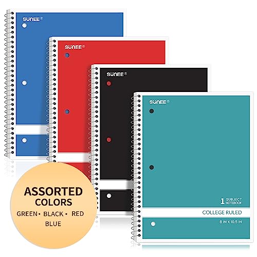 SUNEE Spiral Notebooks College Ruled, 1-Subject, 4 Pack, 8 x 10-1/2 inch, 70 Sheets per Notebook,3-Hole Punched Paper,Black, Red, Blue,Teal Spiral Lined Notebooks for Work, Home&School,Writing Journal