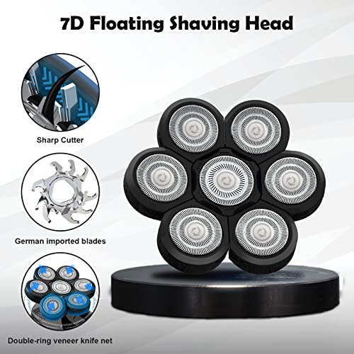 Electric Shaver Replacement Heads 7D - 7 Blades Head Shaver Replacement Heads Universal Stainless Steel Rotary Blade for Bald Head Razor for Men (7 Heads Black)