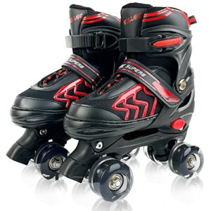 hxwy kids roller skates for boys girls child, adjustable 4 sizes roller skates for kids and youth with light up wheels, quad black & red roller skates for sports (little kid 11j-1)