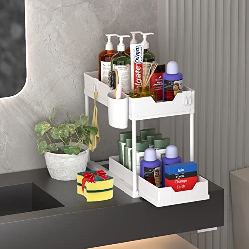 Jincancan Under Sink Organizers and Storage - Double Sliding Under Sink Organizers and Storage - 2 Tier Under Cabinet Organizer with 4 Hooks, Hanging Cup, Under Sink Storage for Kitchen (White)