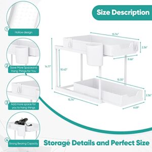 Jincancan Under Sink Organizers and Storage - Double Sliding Under Sink Organizers and Storage - 2 Tier Under Cabinet Organizer with 4 Hooks, Hanging Cup, Under Sink Storage for Kitchen (White)