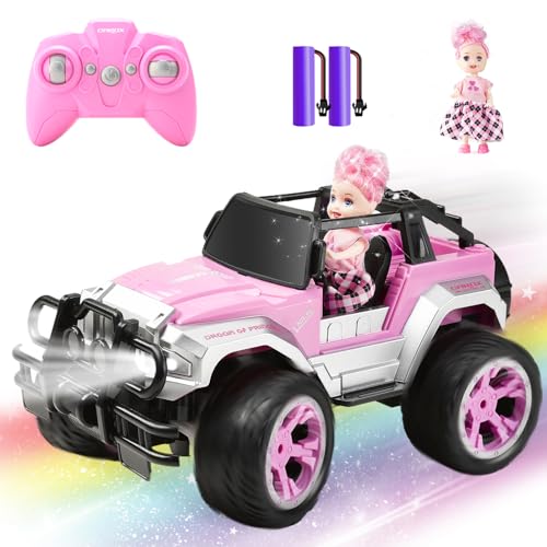 Carox Remote Control Car for Girls, 160 mins Pink RC Car with Doll and Sticker, 1:16 Scale RC Convertible Truck with Rechargeable Batteries, Birthday for Ages 4-12 Years Girls