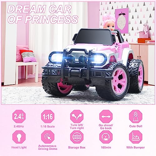 Carox Remote Control Car for Girls, 160 mins Pink RC Car with Doll and Sticker, 1:16 Scale RC Convertible Truck with Rechargeable Batteries, Birthday for Ages 4-12 Years Girls