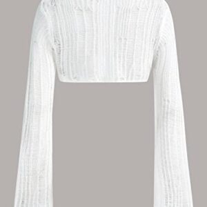 Verdusa Women's Hollow Out Sheer Long Sleeve Sweater Knit Crop Pullover Top White L