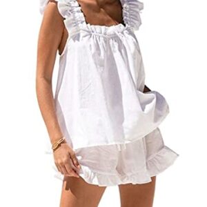 Xfileen Womens Summer 2 Piece Set Fashion Ruffle Trim Cami and Casual Shorts Set Cotton Pajama Sets White