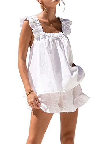 Xfileen Womens Summer 2 Piece Set Fashion Ruffle Trim Cami and Casual Shorts Set Cotton Pajama Sets White