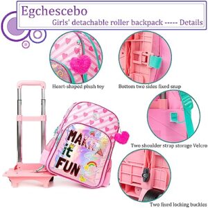 Egchescebo Kids Rolling Backpack for Girls Suitcases Trolley Backpacks with Wheels Roller Luggage Backpack on Wheels with Lunch Box Pencil Case for Elementary Girls Travel School Bag Aged 6-15 Red