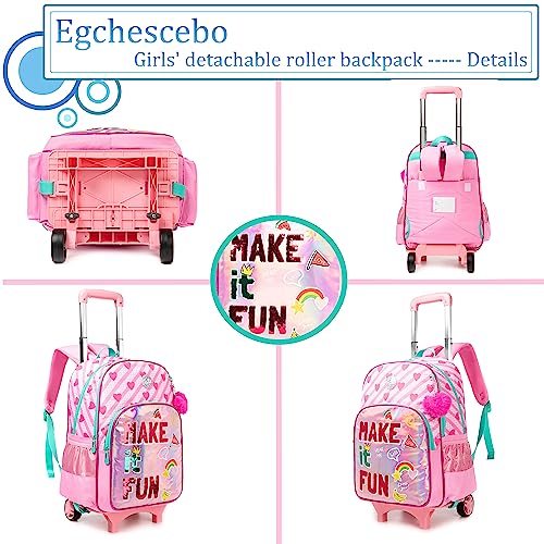 Egchescebo Kids Rolling Backpack for Girls Suitcases Trolley Backpacks with Wheels Roller Luggage Backpack on Wheels with Lunch Box Pencil Case for Elementary Girls Travel School Bag Aged 6-15 Red