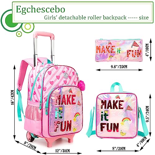 Egchescebo Kids Rolling Backpack for Girls Suitcases Trolley Backpacks with Wheels Roller Luggage Backpack on Wheels with Lunch Box Pencil Case for Elementary Girls Travel School Bag Aged 6-15 Red