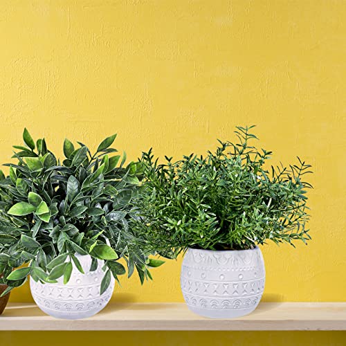 Winlyn Set of 3 Small Artificial Potted Plants - Eucalyptus, Rosemary & Tropical Snake Plant in White Geometric Pots for Table Centerpieces Shelf Windowsill Desk Indoor Outdoor Greenery Decor