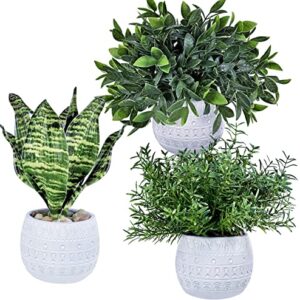 Winlyn Set of 3 Small Artificial Potted Plants - Eucalyptus, Rosemary & Tropical Snake Plant in White Geometric Pots for Table Centerpieces Shelf Windowsill Desk Indoor Outdoor Greenery Decor